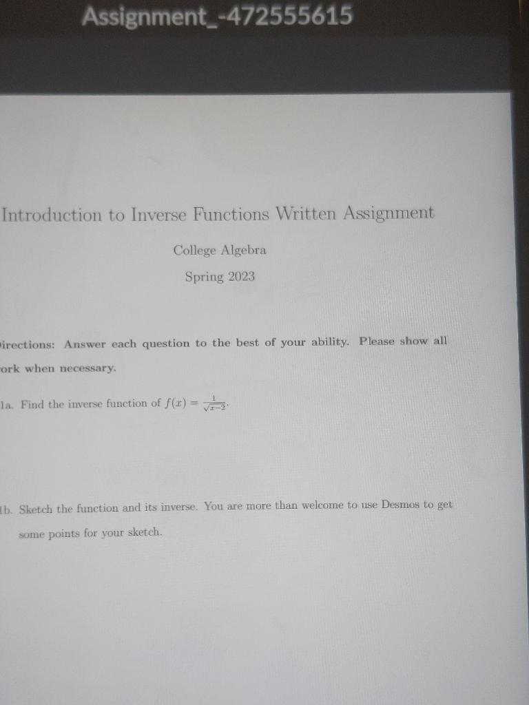 Solved Introduction to Inverse Functions Written Assignment | Chegg.com