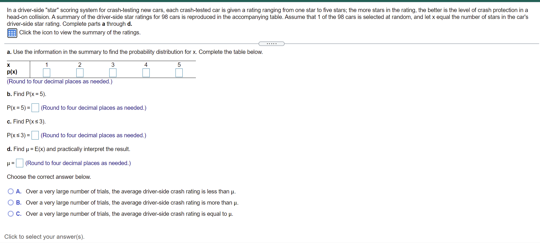 Solved In a driver-side "star" scoring system for | Chegg.com