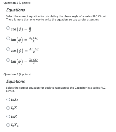 Solved Question 2 (2 points) Equations Select the correct | Chegg.com