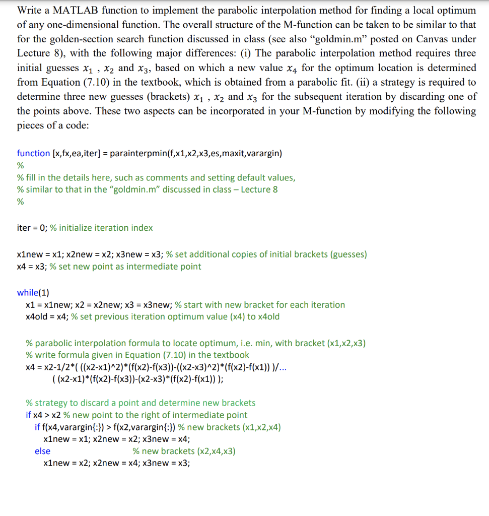 Write a MATLAB function to implement the parabolic | Chegg.com