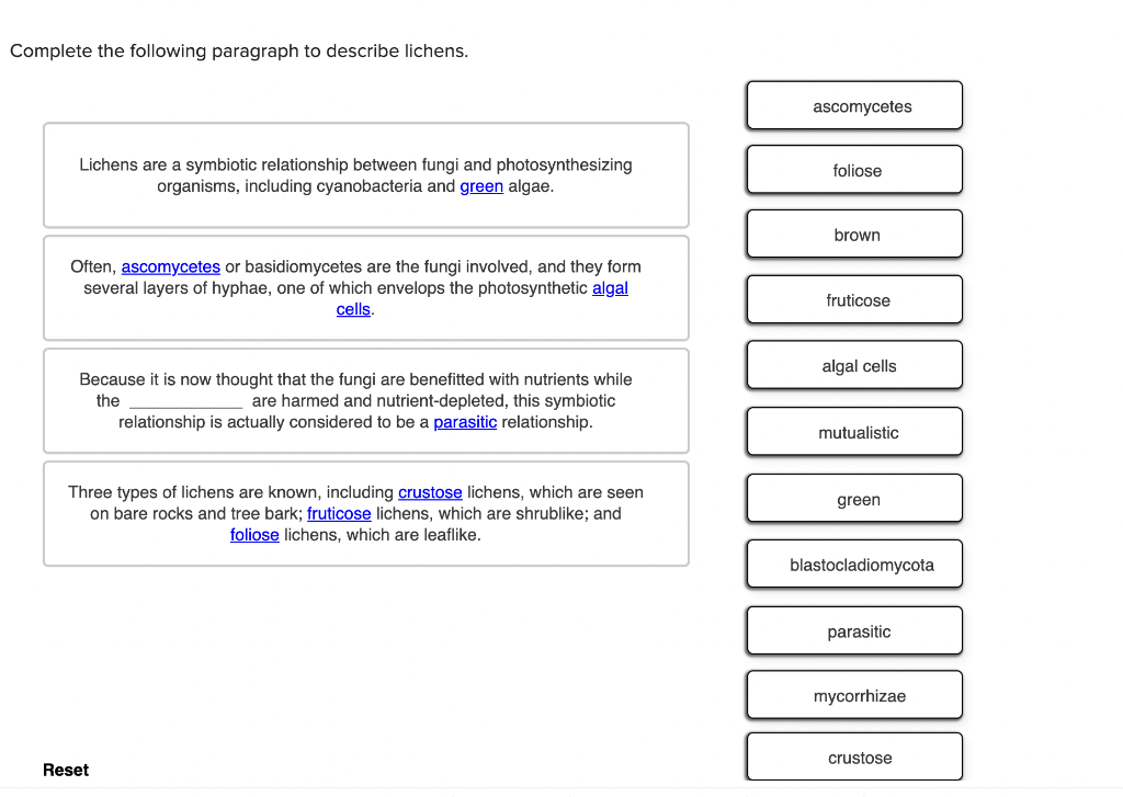 Solved Complete the following paragraph to describe lichens. | Chegg.com