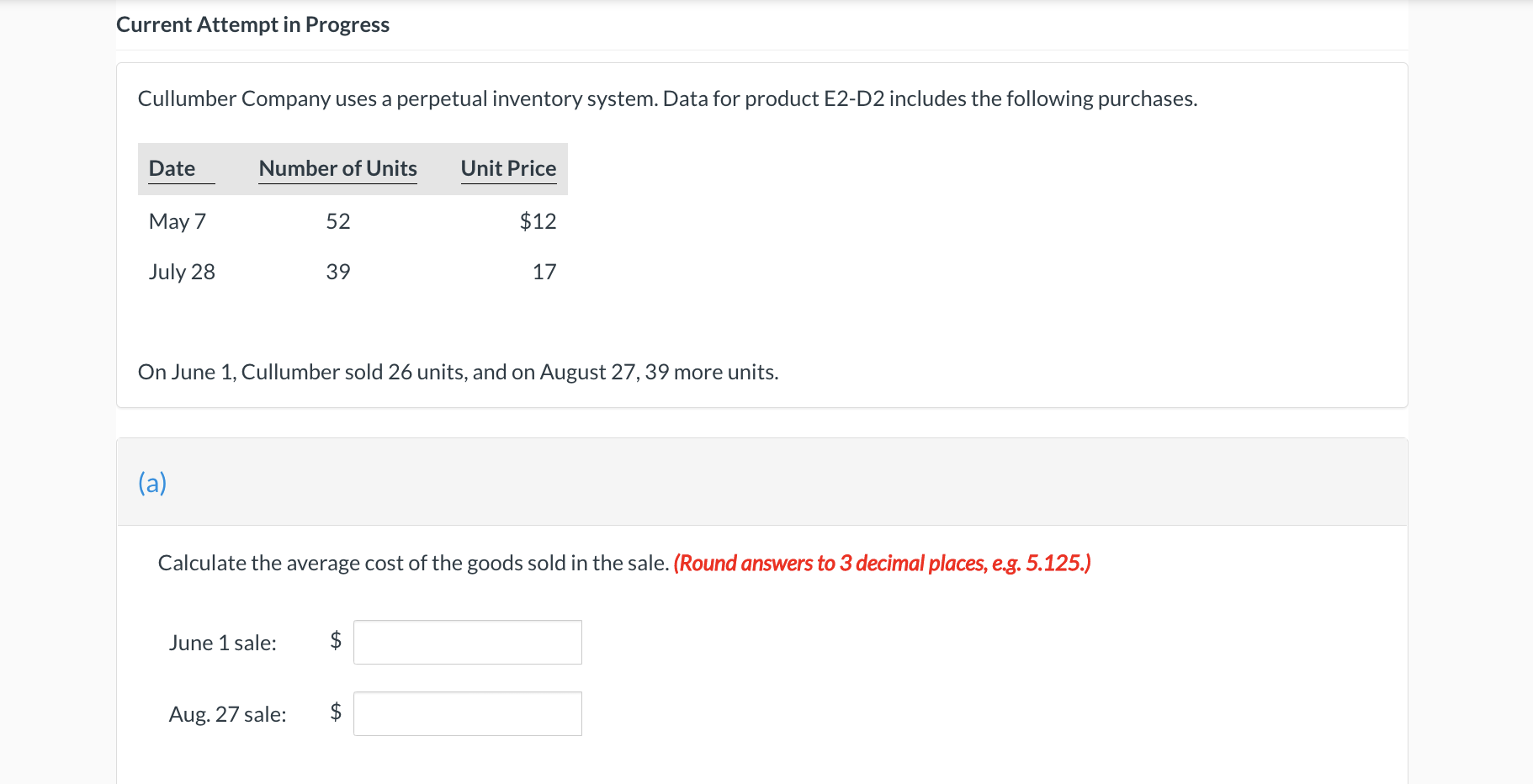 Solved Current Attempt in Progress Cullumber Company uses a | Chegg.com