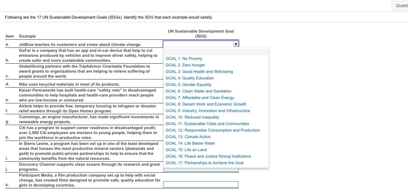 Solved Quest Following are the 17 UN Sustainable Development | Chegg.com