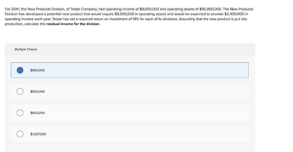 Solved For 20X1, the New Products Division, of Testar | Chegg.com