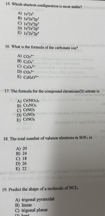 Solved 15. Which electron configuration is most stable? A) | Chegg.com
