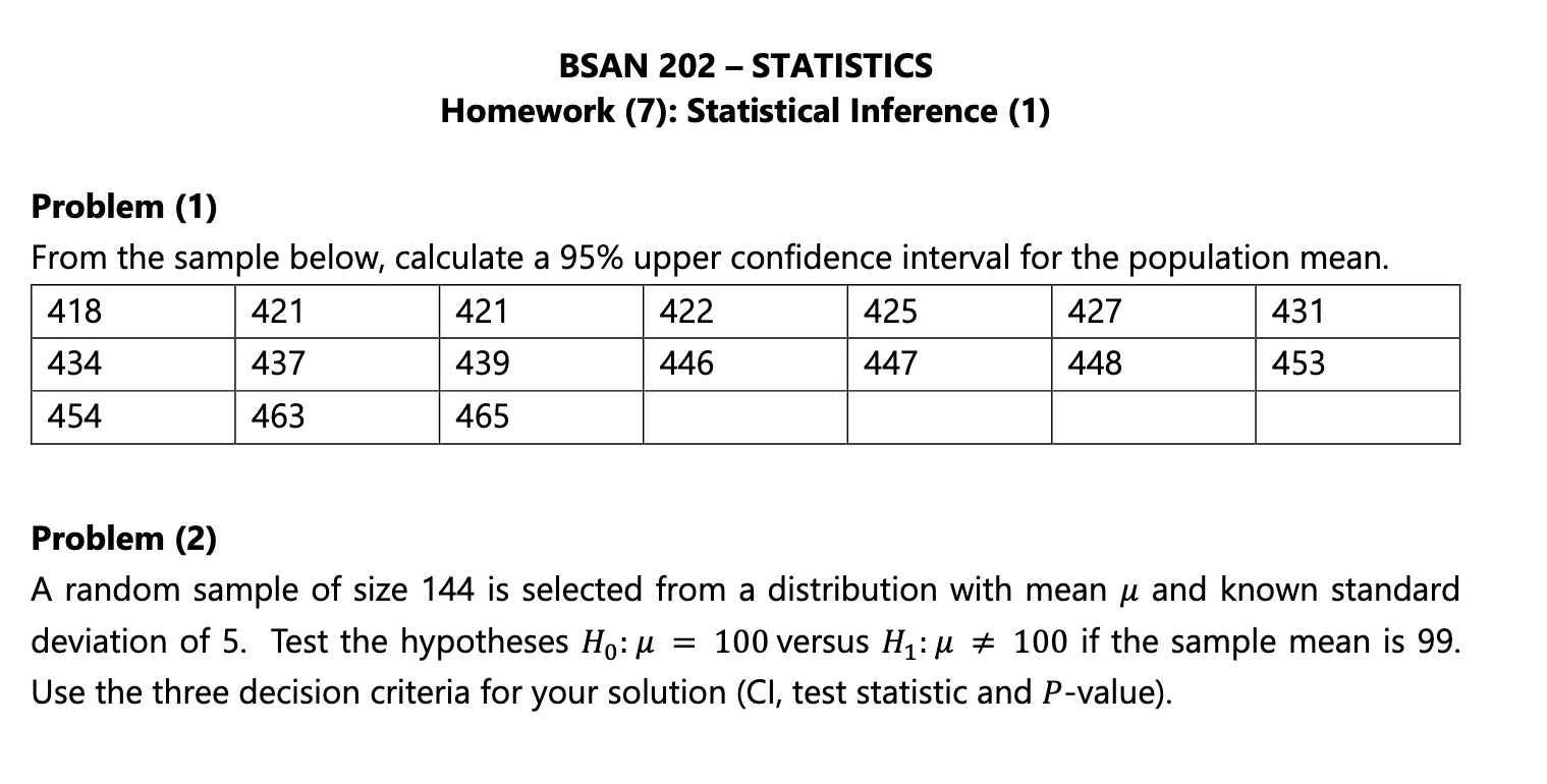 Solved BSAN 202 - STATISTICS Homework (7): Statistical | Chegg.com