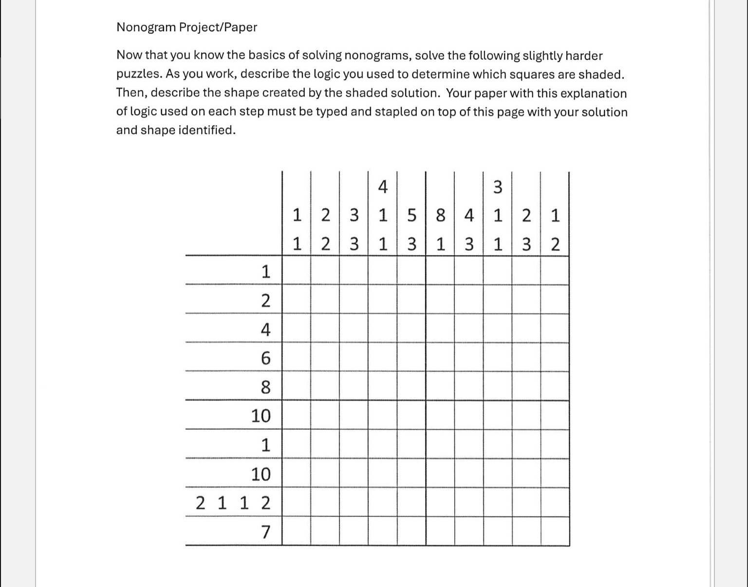 Nonogram Project/PaperNow that you know the basics of | Chegg.com