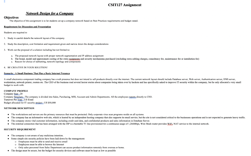 CSIT127 Assignment Network Design for a Company | Chegg.com