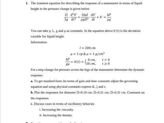 Solved 1. The transient equation for describing the response | Chegg.com