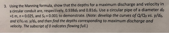 Solved 3. Using the Manning formula, show that the depths | Chegg.com
