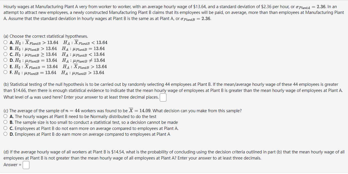 Solved Hourly wages at Manufacturing Plant A very from | Chegg.com
