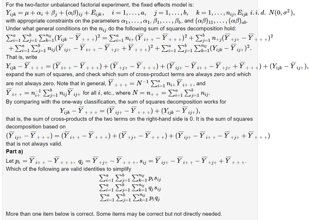 For the two-factor unbalanced factorial experiment, | Chegg.com
