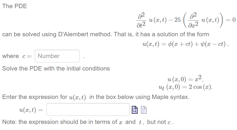 Solved The PDE ∂t2∂2u(x,t)−25(∂x2∂2u(x,t))=0 can be solved | Chegg.com