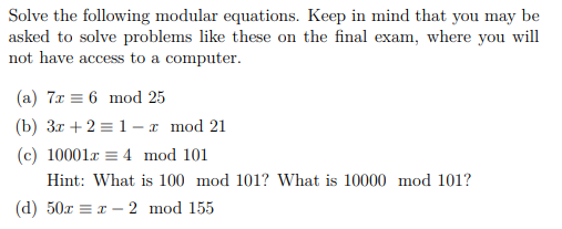 Solved Solve the following modular equations. Keep in mind | Chegg.com