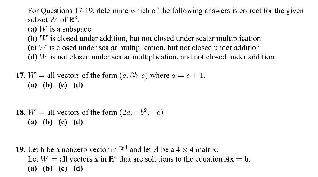 Solved For Questions 17-19, determine which of the following | Chegg.com