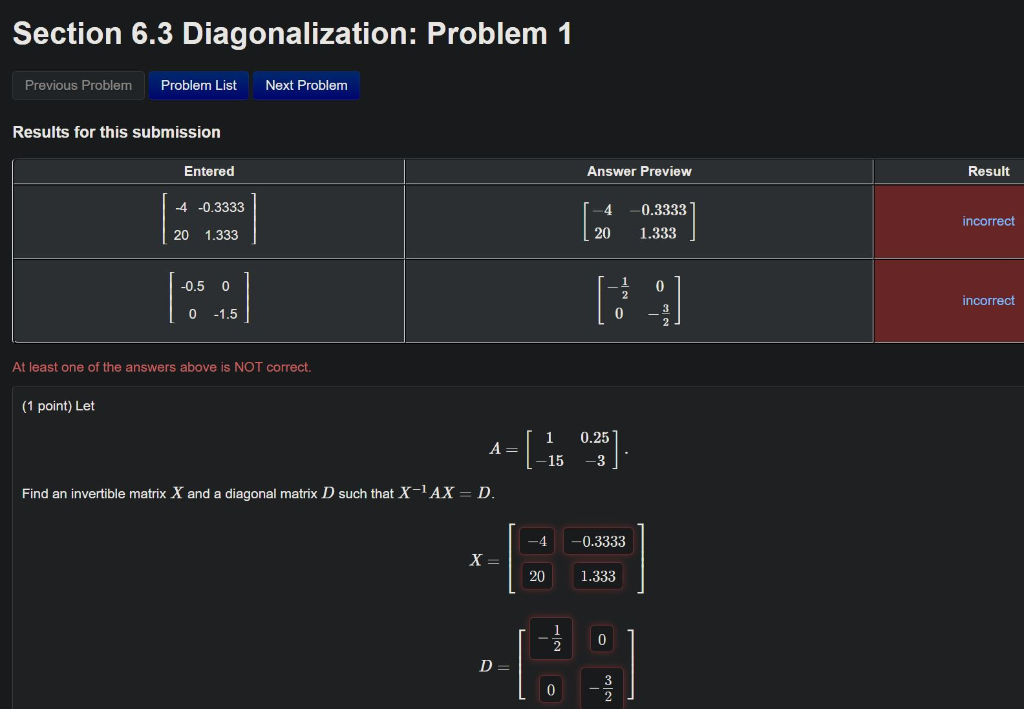 Solved Section 6.3 Diagonalization: Problem 1 Previous | Chegg.com