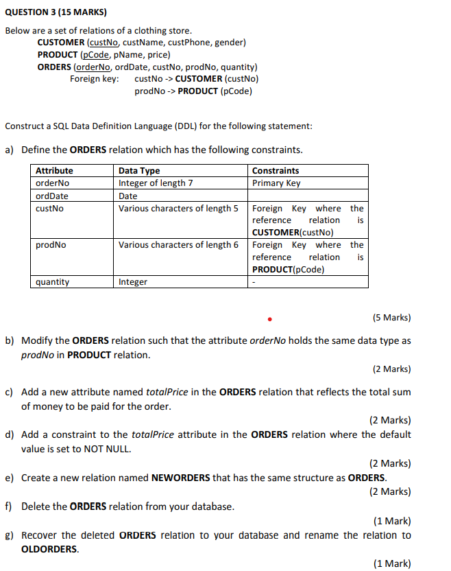 Solved Construct a SQL Data Definition Language (DDL) for | Chegg.com