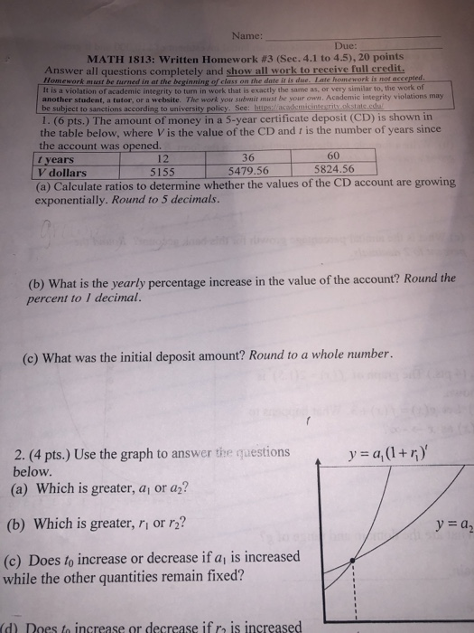 Solved Name: Due: MATH 1813: written Homework #3 (Sec. 4.1 | Chegg.com