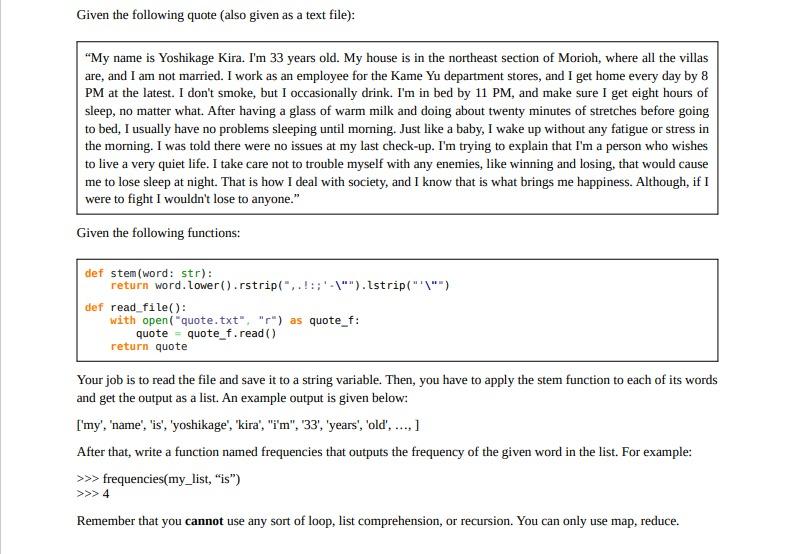 Solved Given the following quote (also given as a text | Chegg.com