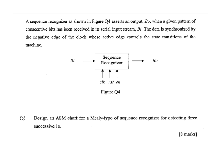 A sequence recognizer as shown in Figure Q4 asserts | Chegg.com