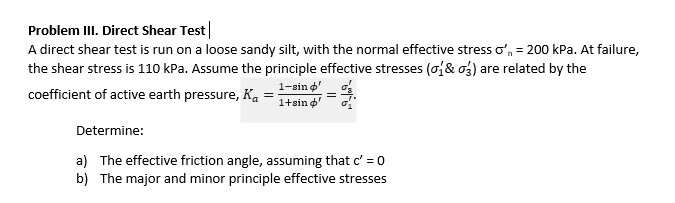 Solved Problem III. Direct Shear Test| A direct shear test | Chegg.com