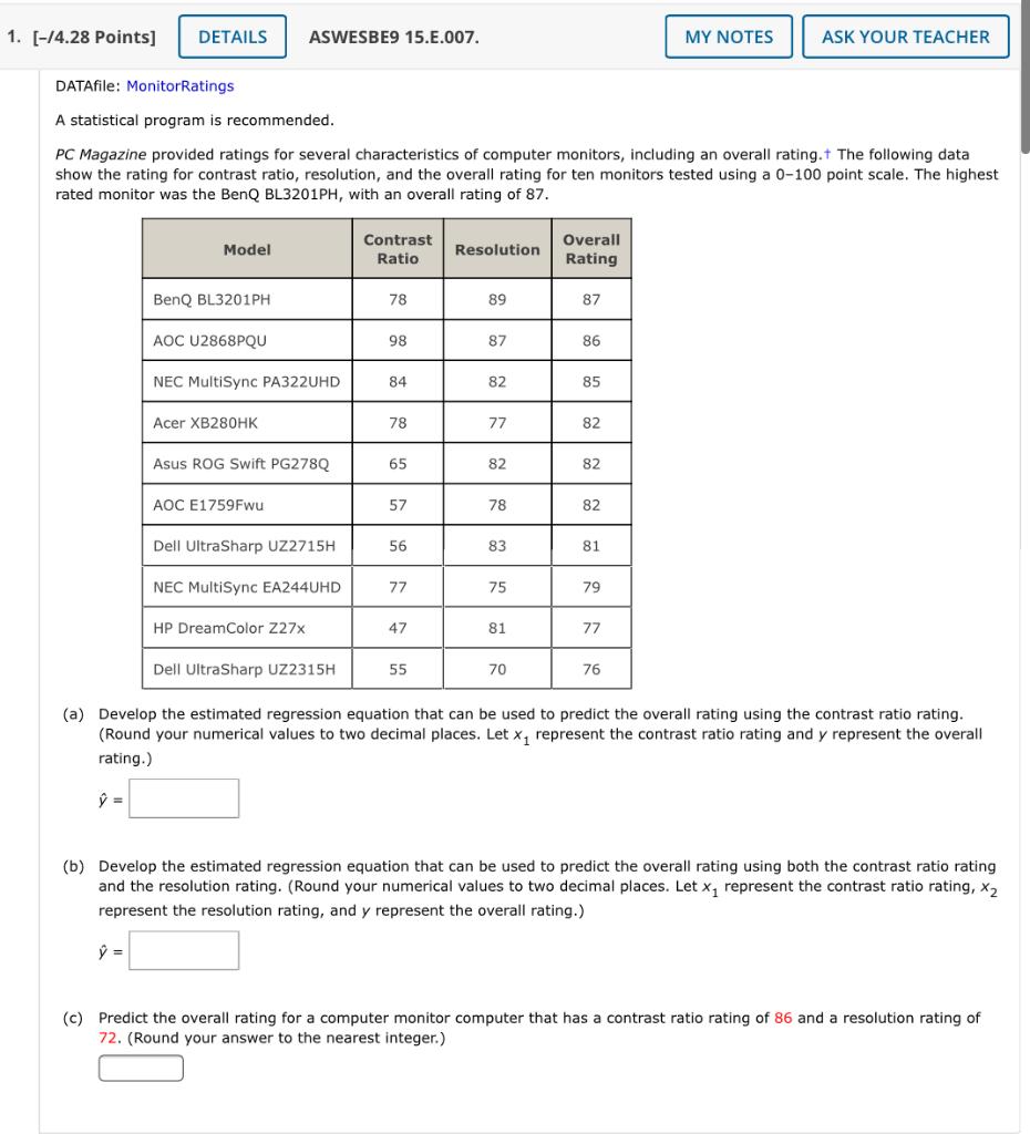 Solved DATAfile: MonitorRatings A statistical program is | Chegg.com
