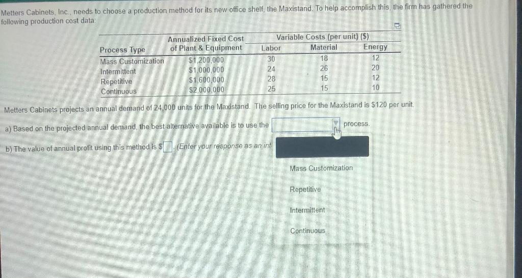 Solved Metters Cabinets, Inc. needs to choose a production | Chegg.com