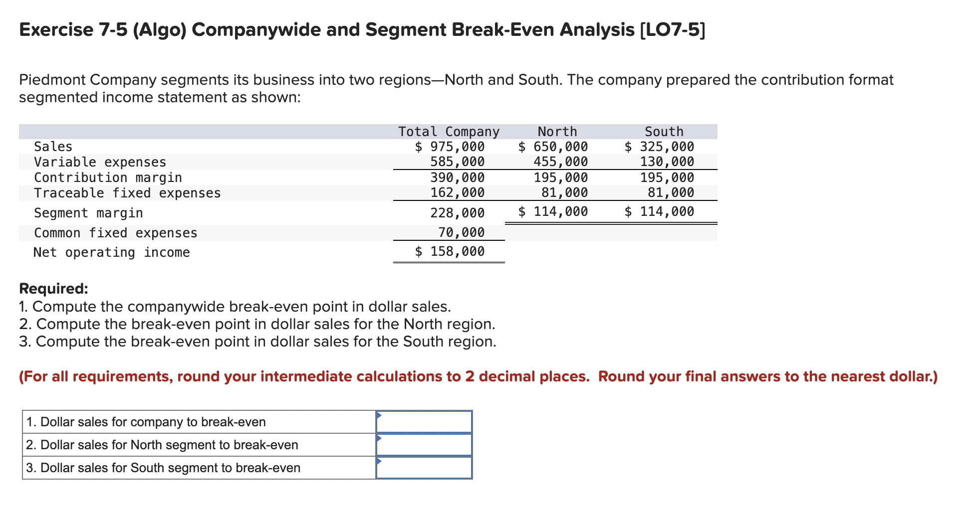 Exercise 7-5 (Algo) Companywide and Segment | Chegg.com