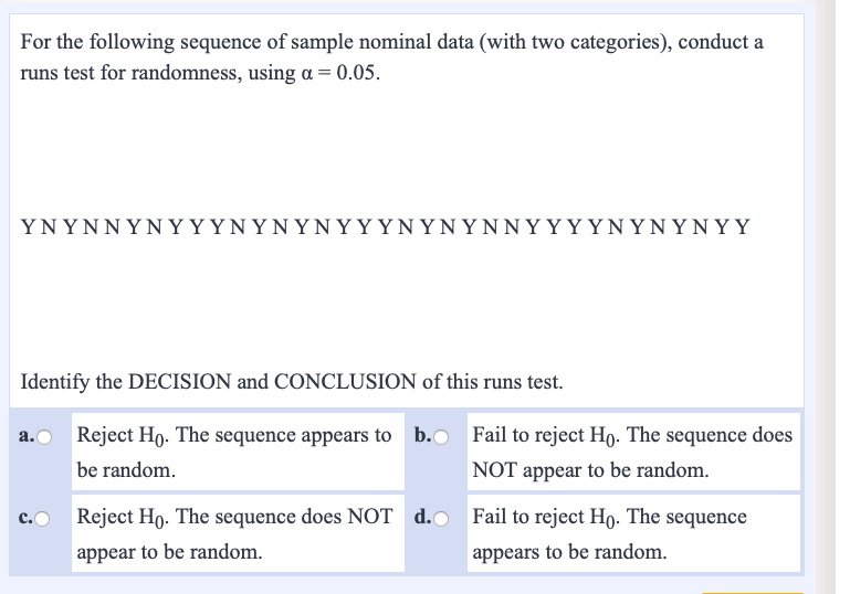 Solved For the following sequence of sample nominal data | Chegg.com