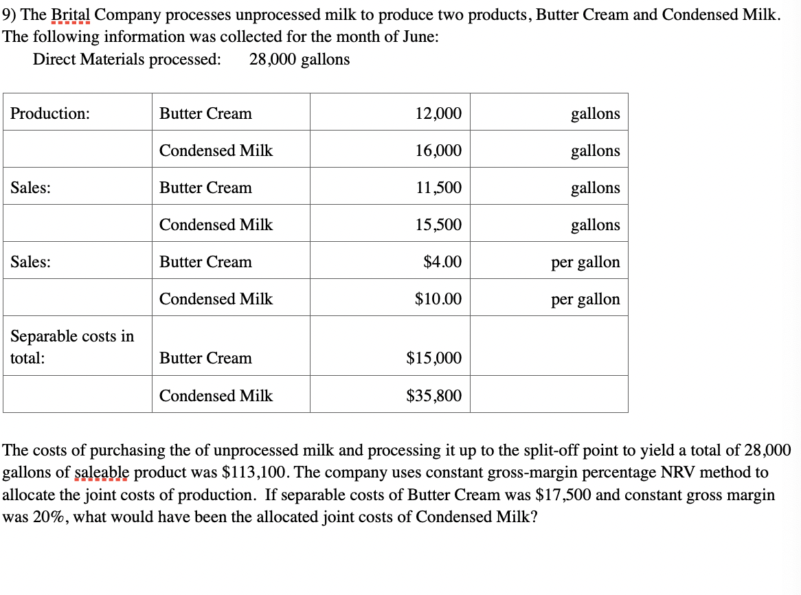 Solved 9) The Brital Company processes unprocessed milk to | Chegg.com
