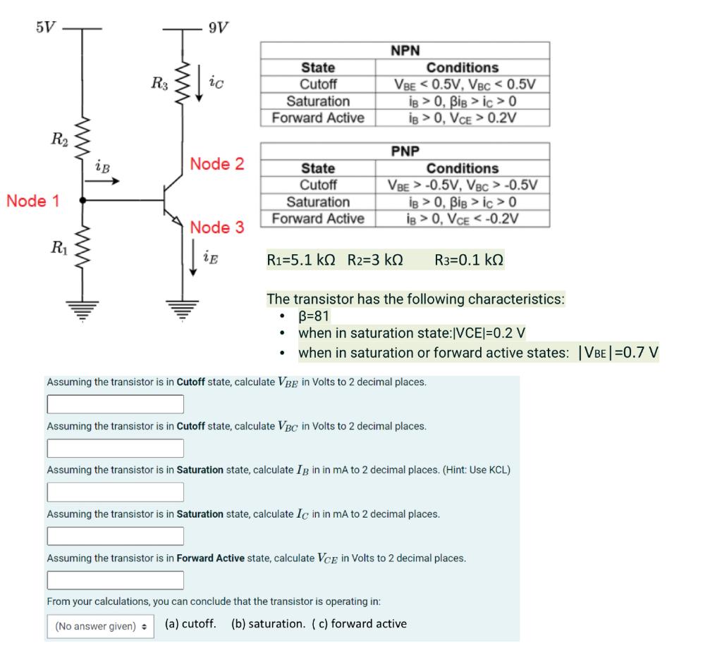 Solved R1=5.1kΩR2=3kΩR3=0.1kΩ The transistor has the | Chegg.com