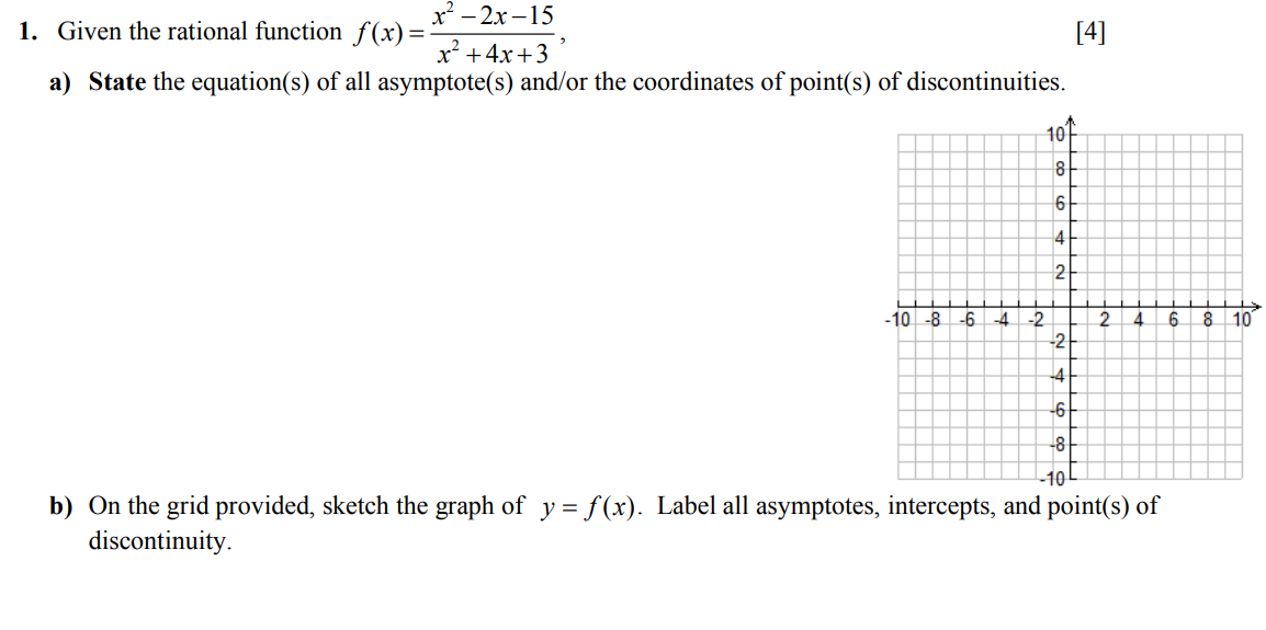 Solved 1. Given the rational function f(x)=x2+4x+3x2−2x−15 | Chegg.com