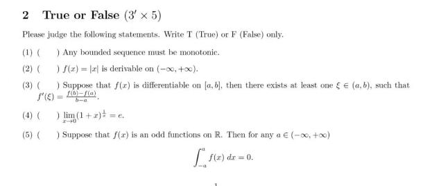 Solved 2 True or False (3′×5) Please judge the following | Chegg.com