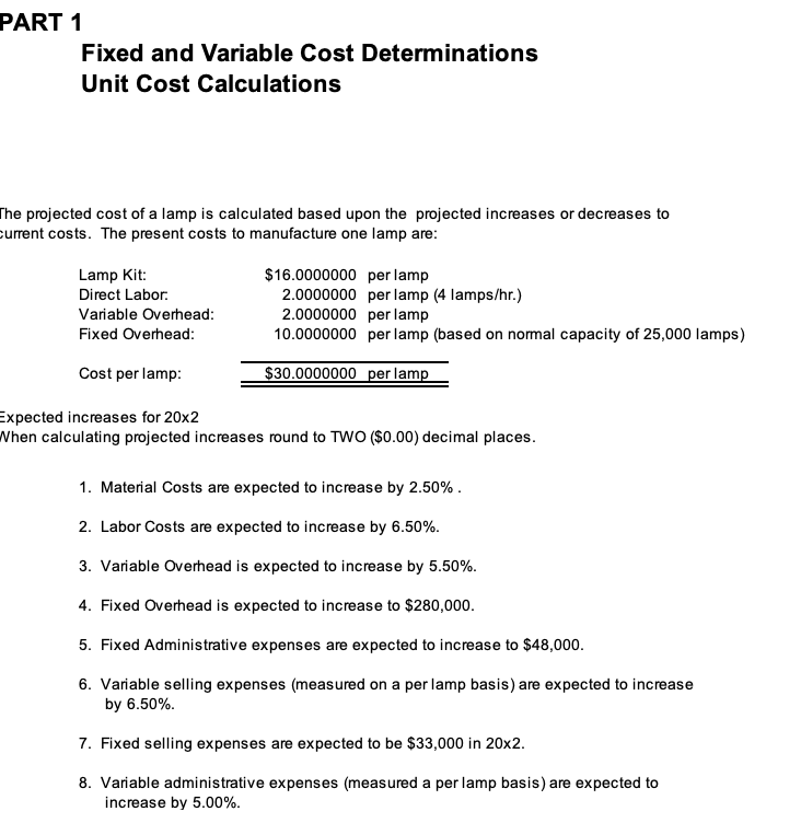 PART 1 Fixed and Variable Cost Determinations Unit | Chegg.com