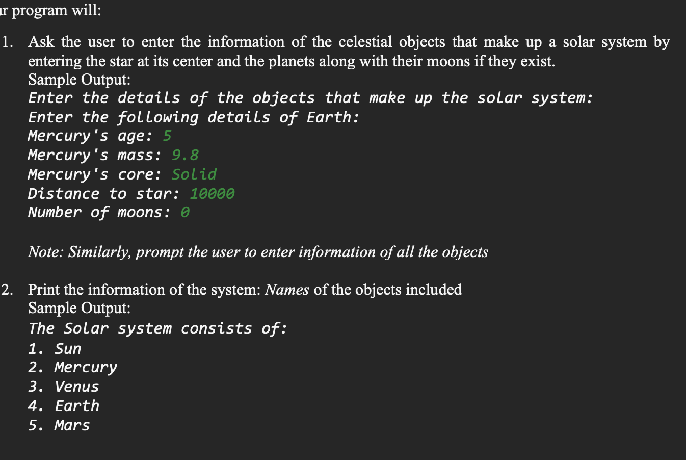 Solved Exercise 1: Write a program Solar System that models | Chegg.com