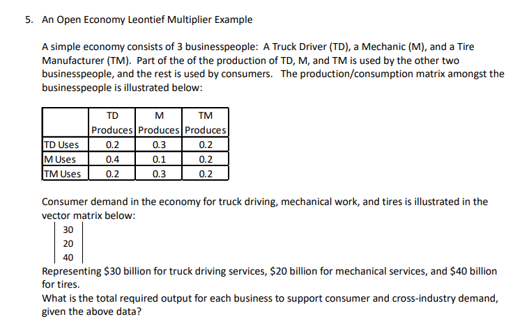 Solved An Open Economy Leontief Multiplier Example A simple | Chegg.com