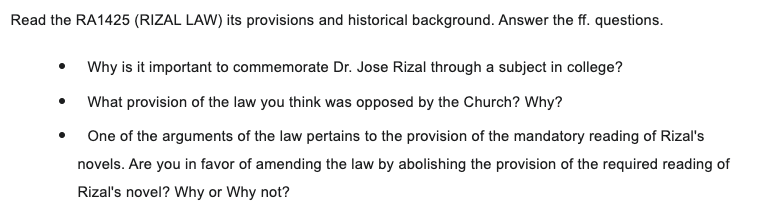 Solved Read the RA1425 (RIZAL LAW) its provisions and | Chegg.com