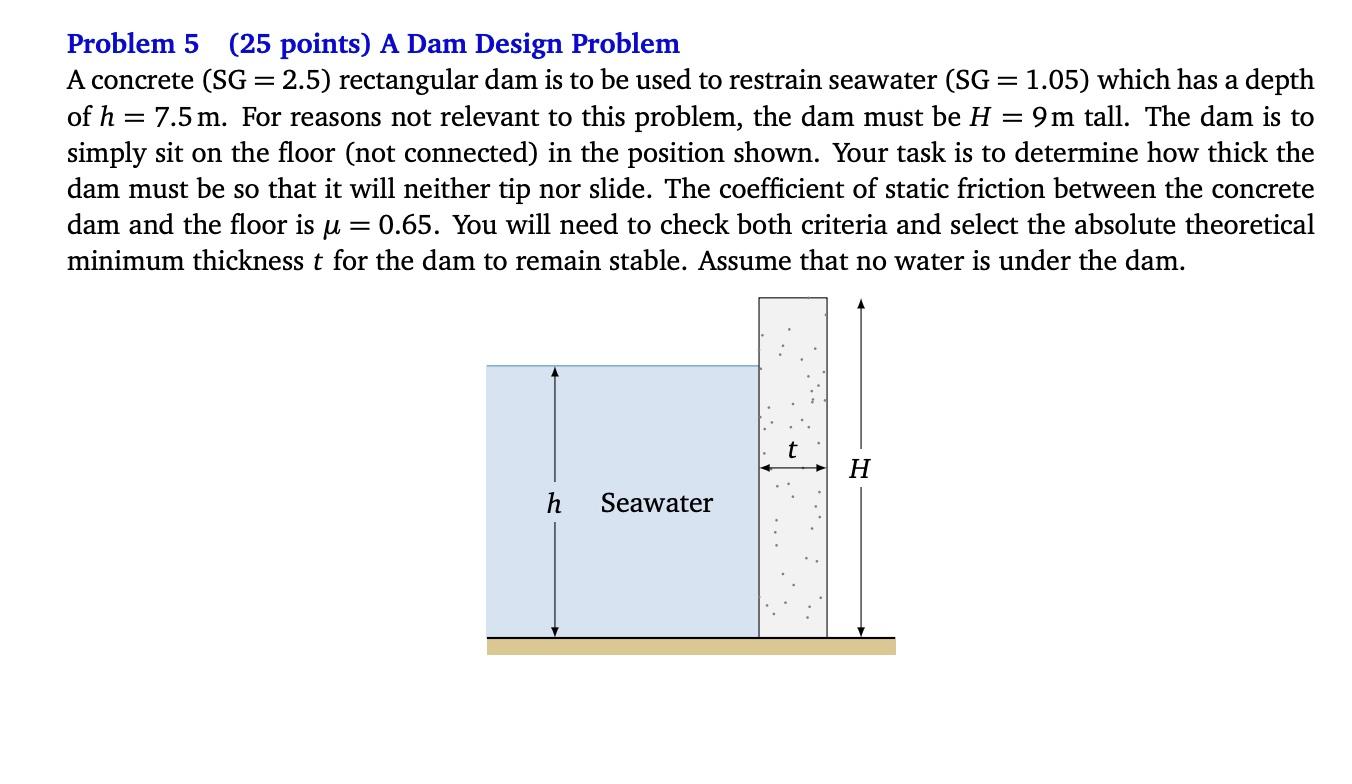 Solved = = Problem 5 (25 points) A Dam Design Problem A | Chegg.com