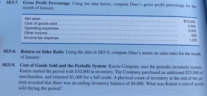Solved SE5-7. Gross Profit Percentage Using the data below, | Chegg.com