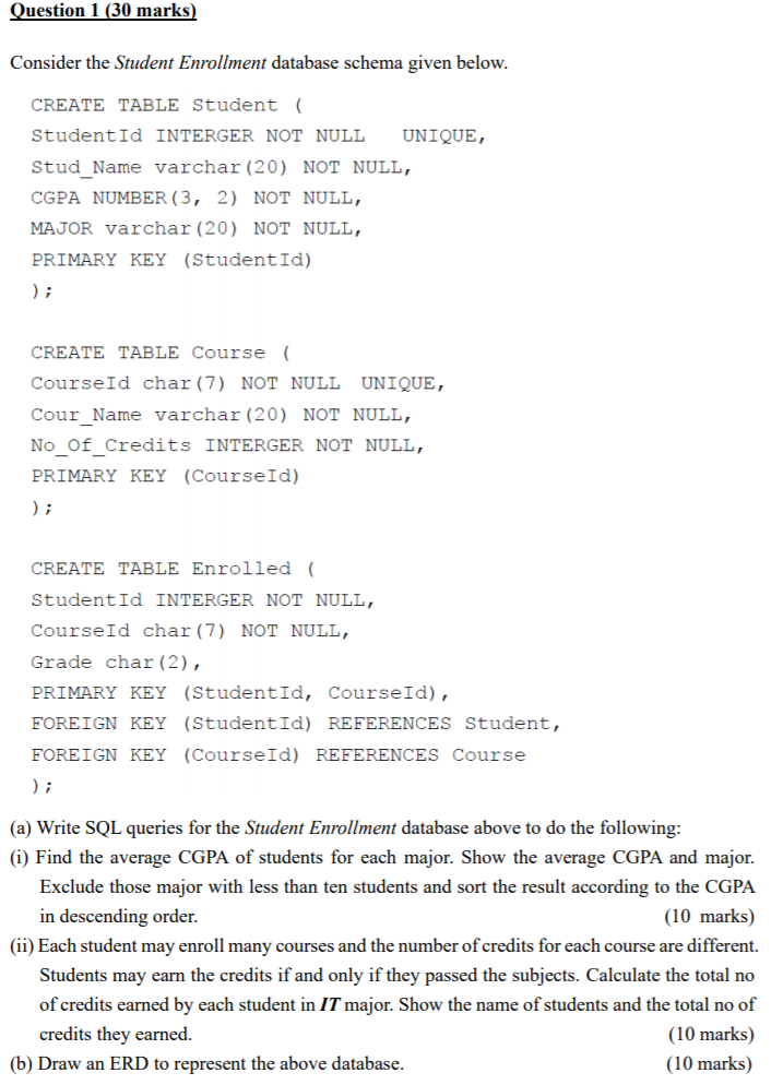 Solved Question 1 (30 marks) Consider the Student Enrollment | Chegg.com