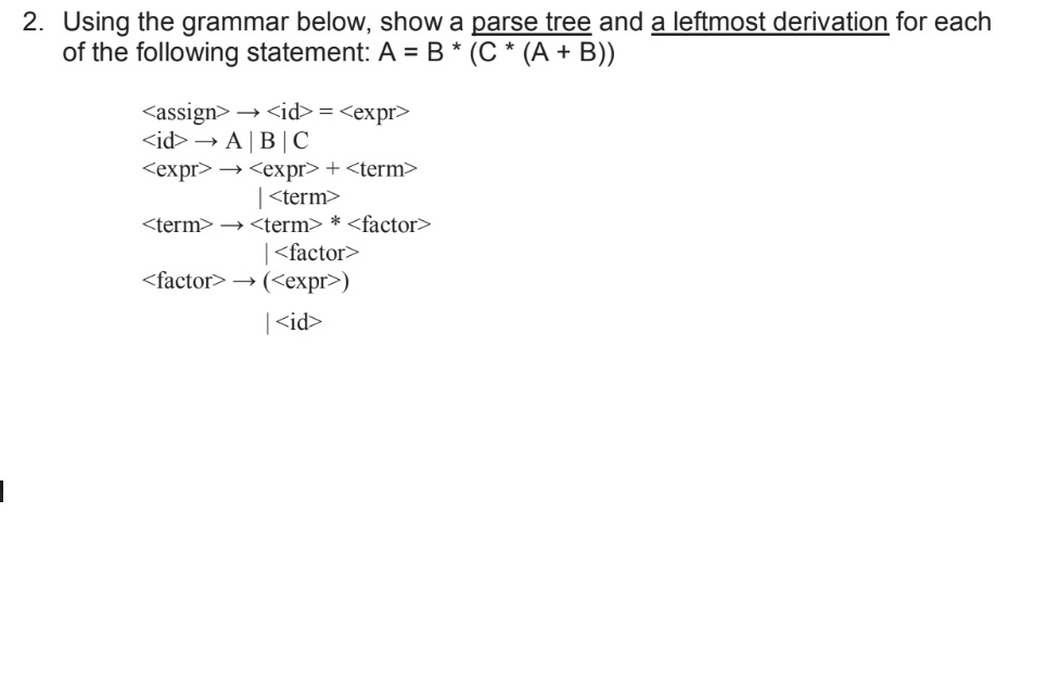 Solved 2. Using the grammar below, show a parse tree and a | Chegg.com