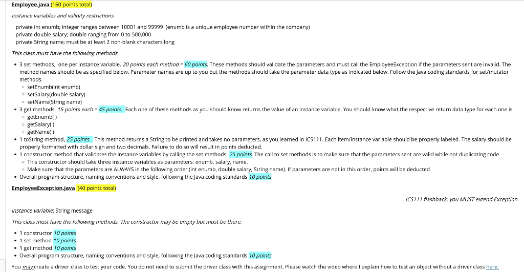 Solved Employee.java (160 points total) Instance variables | Chegg.com