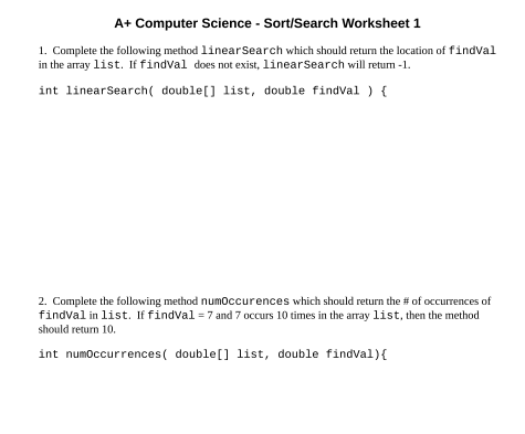 Solved A+ Computer Science Sort/Search Worksheet 1 Complete | Chegg.com