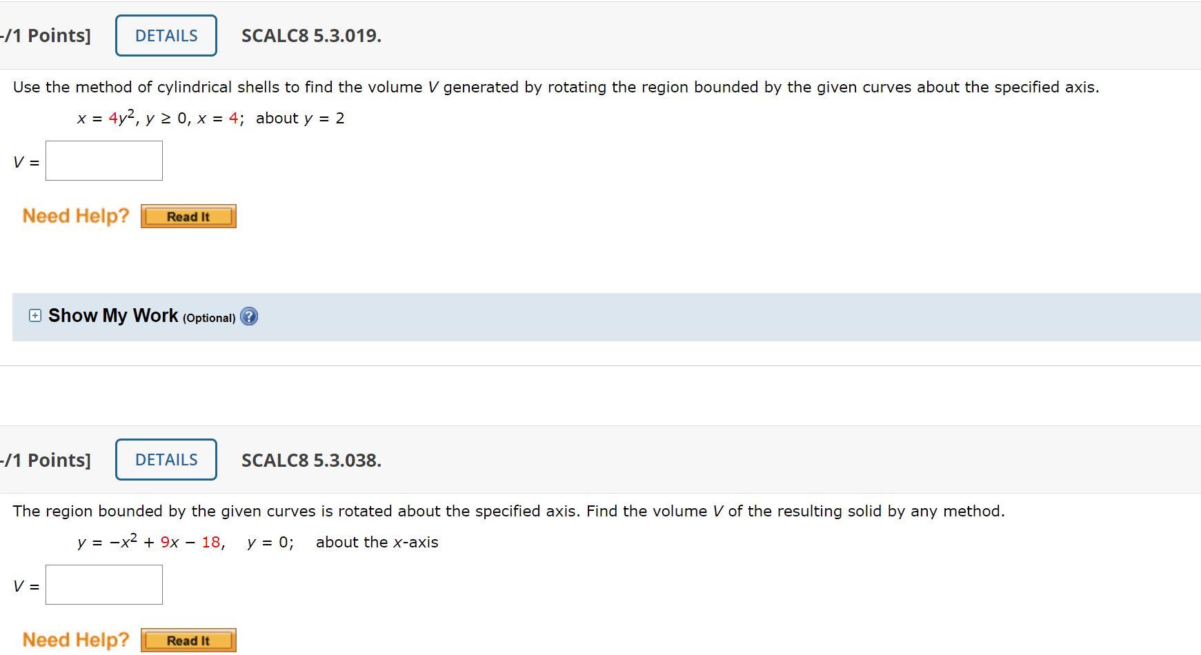 Solved -/1 Points] DETAILS SCALC8 5.3.019. Use the method of | Chegg.com