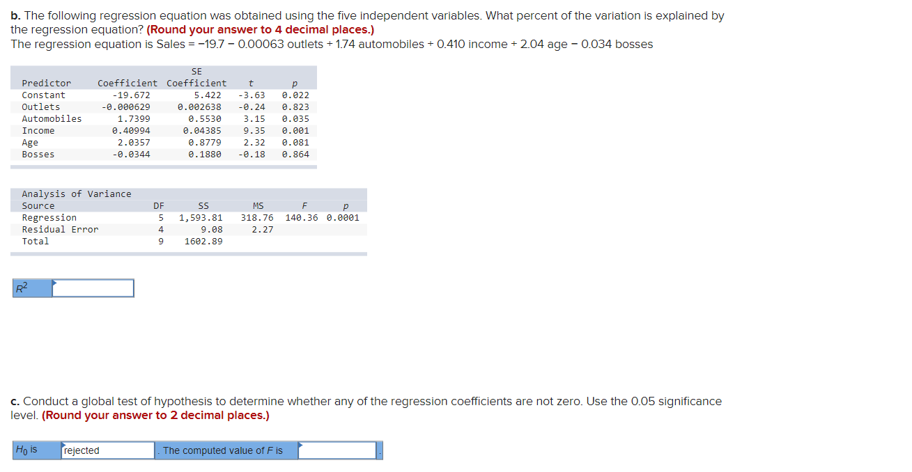 Solved b. The following regression equation was obtained | Chegg.com