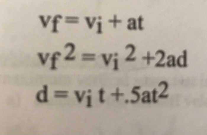 Solved vf= vi + at vf2=vi 2 +2ad d = Vi t +.5at2 | Chegg.com