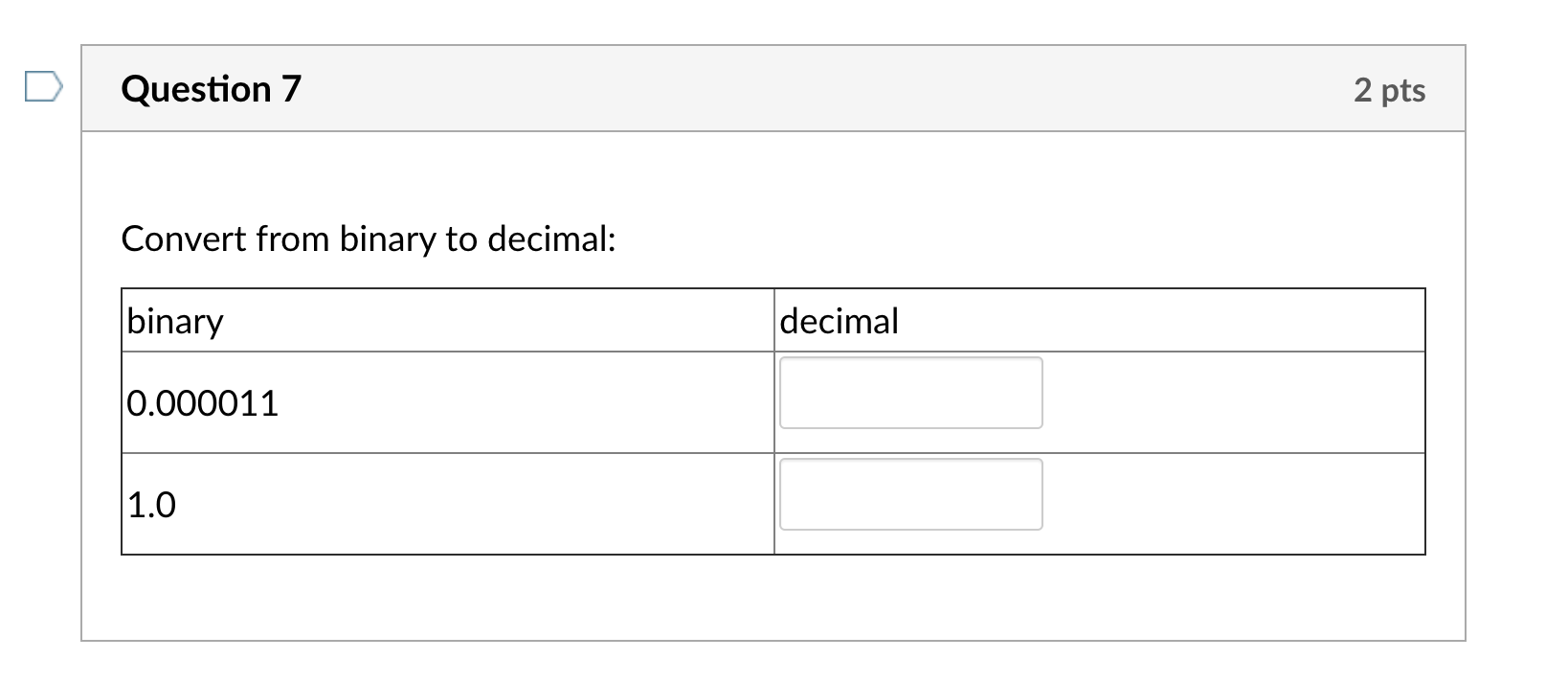 Solved Question 7 2 pts Convert from binary to decimal: | Chegg.com