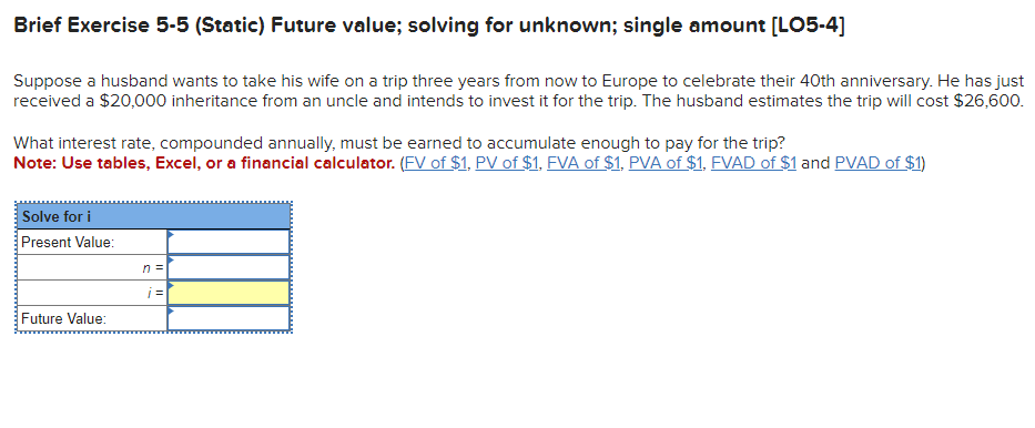 Solved Brief Exercise 5-5 (Static) Future value; solving for | Chegg.com