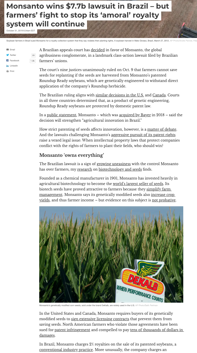 Solved Monsanto wins $7.7b lawsuit in Brazil - but farmers' | Chegg.com