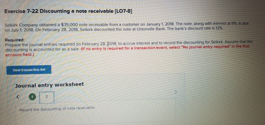 Solved Exercise 7-22 Discounting a note receivable [LO7-8] | Chegg.com
